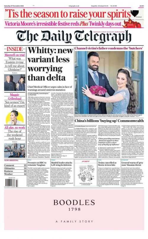 Daily Telegraph Front Page 27th of November 2021 - Tomorrow's Papers Today!
