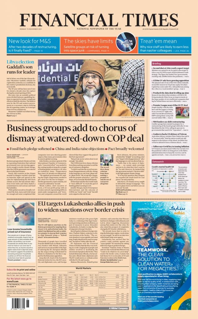 Financial Times Front Page 15th of November 2021 - Tomorrow's Papers Today!