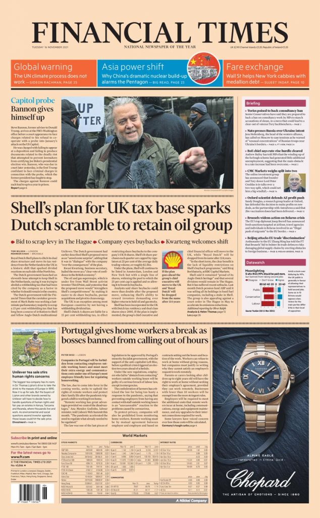 Financial Times Front Page 16th of November 2021 - Tomorrow's Papers Today!