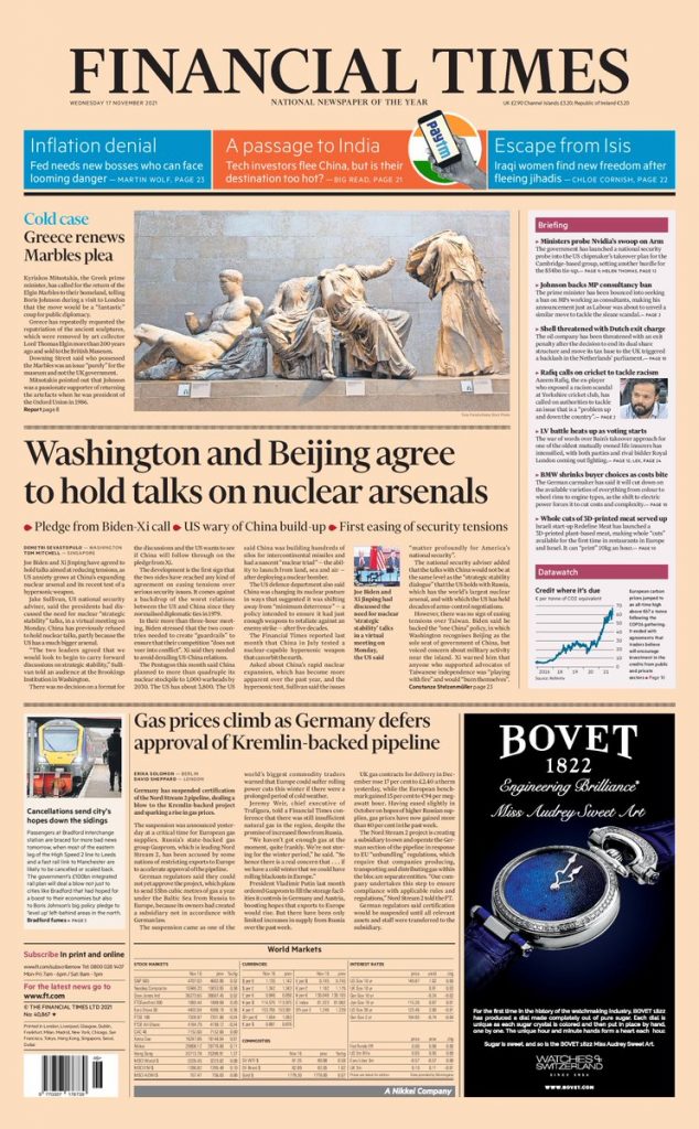 Financial Times Front Page 17th of November 2021 - Tomorrow's Papers Today!