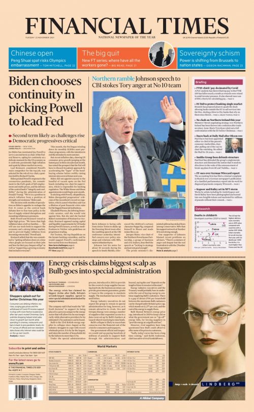 Financial Times Front Page 23rd of November 2021 - Tomorrow's Papers Today!