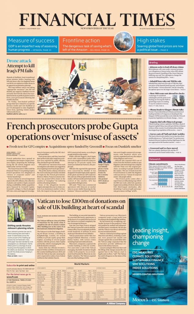 Financial Times Front Page 8th of November 2021 - Tomorrow's Papers Today!