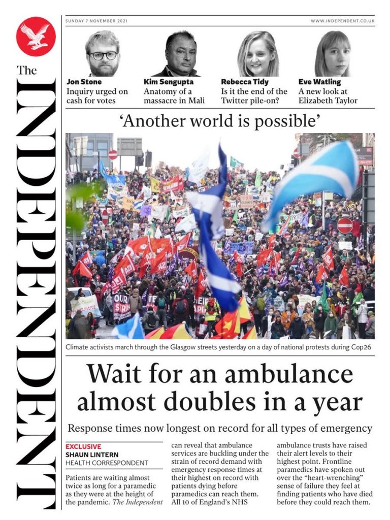 Independent on Sunday Front Page 7th of November 2021 - Tomorrow's ...