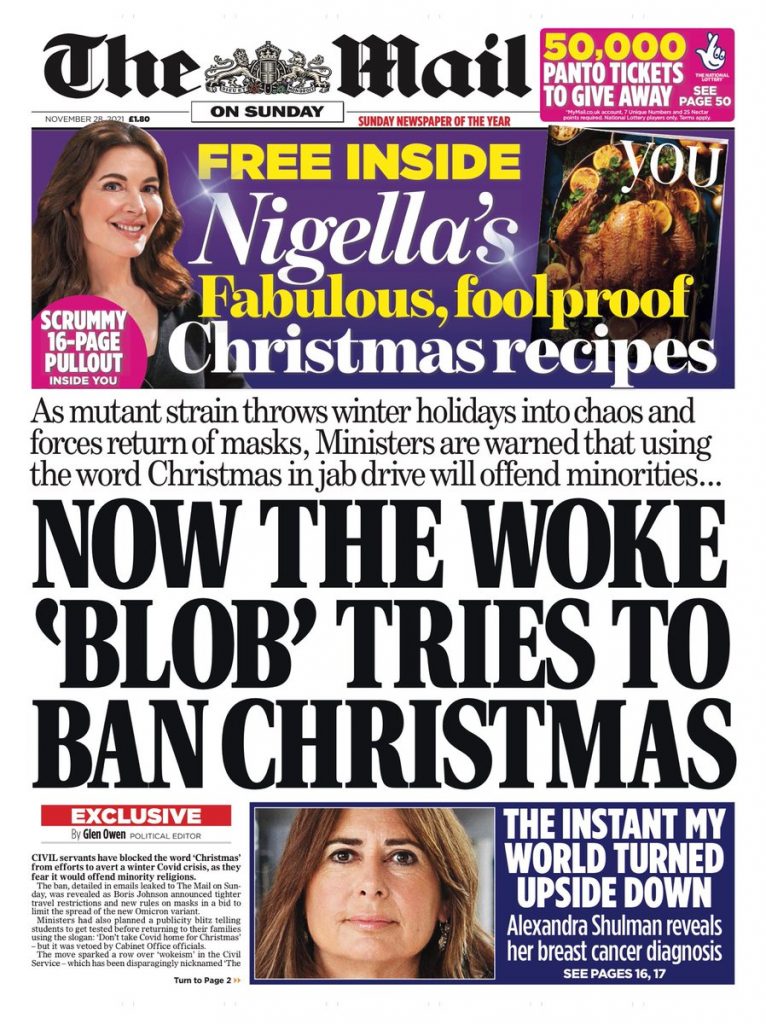 Mail on Sunday Front Page 28th of November 2021 - Tomorrow's Papers Today!