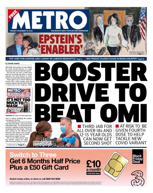 Metro Front Page 30th of November 2021 - Tomorrow's Papers Today!