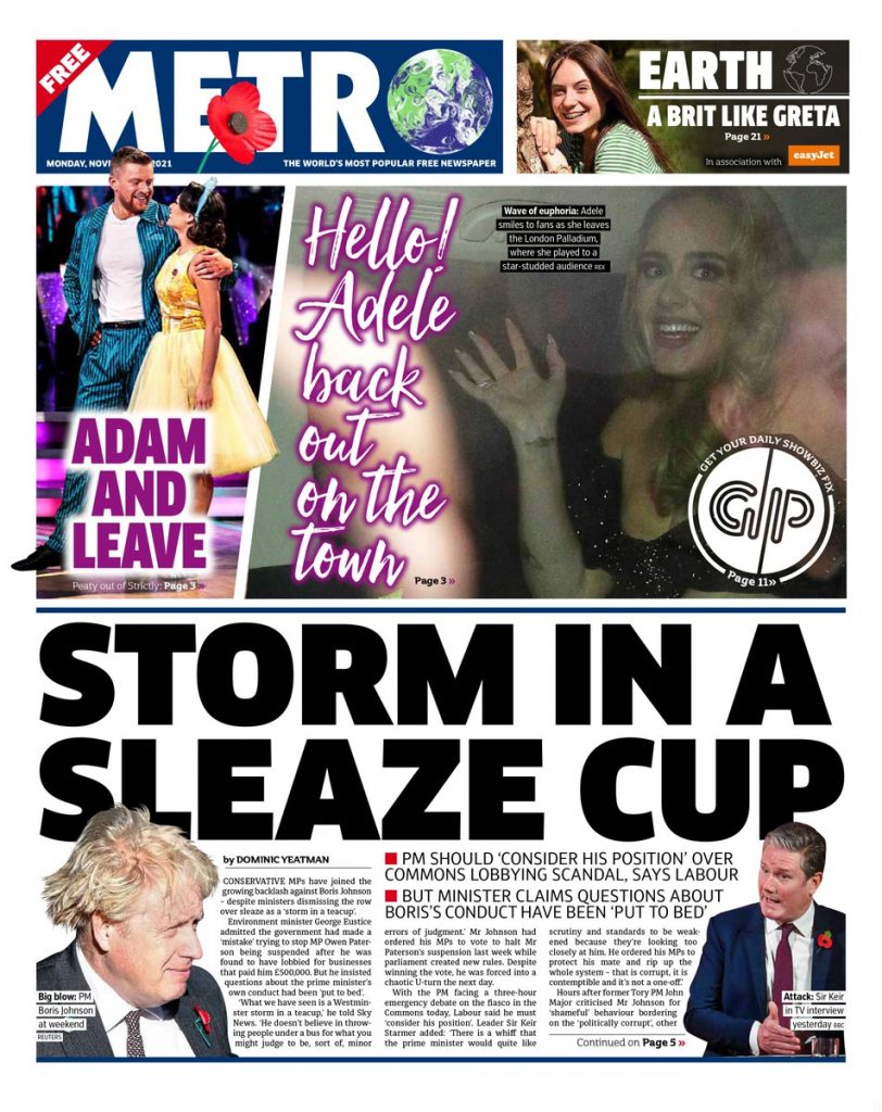 Metro Front Page 8th of November 2021 - Tomorrow's Papers Today!