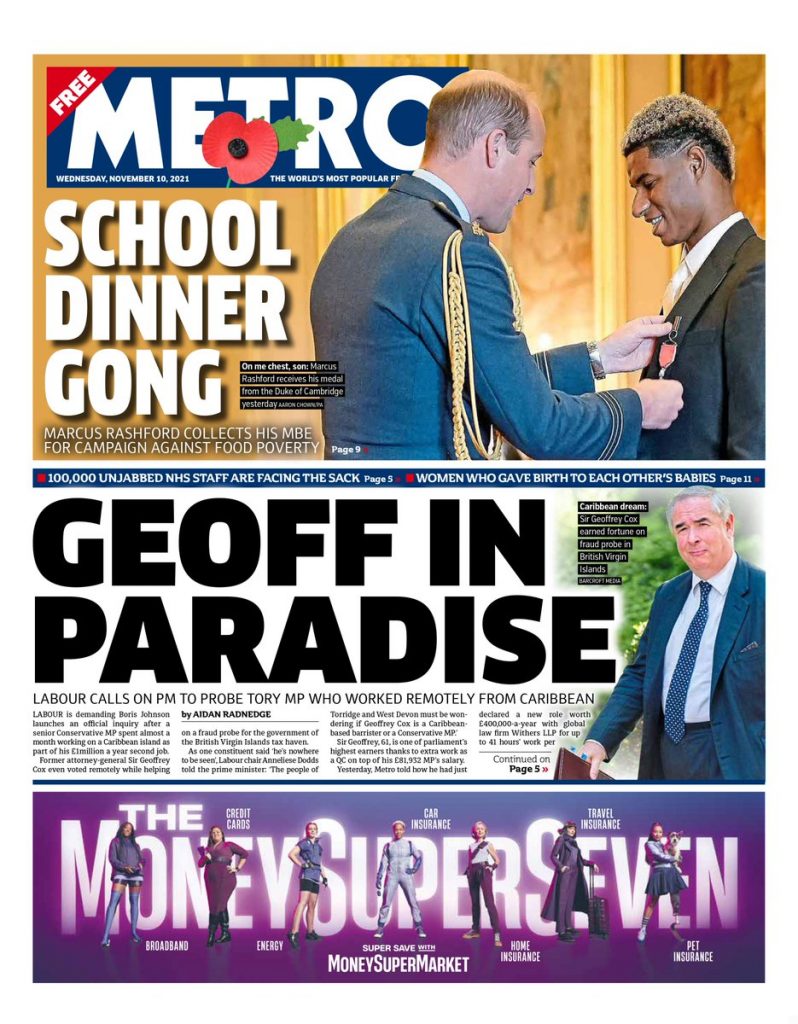 Metro Front Page 10th of November 2021 - Tomorrow's Papers Today!