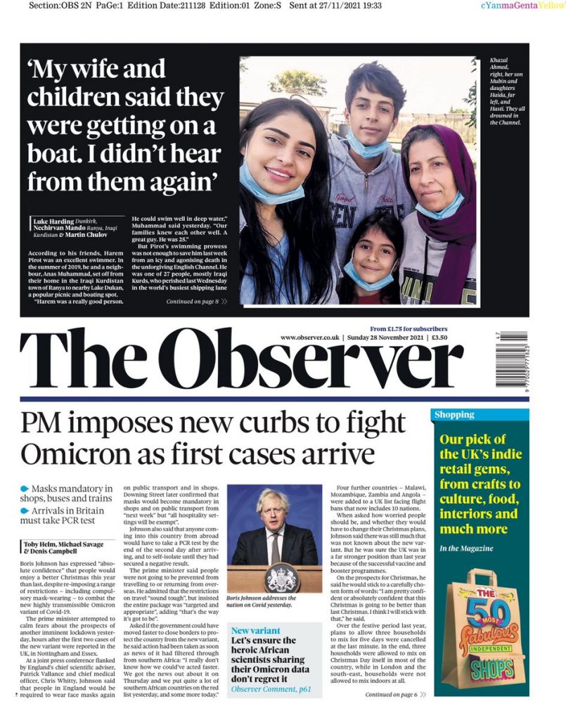 Observer Front Page 28th of November 2021 - Tomorrow's Papers Today!