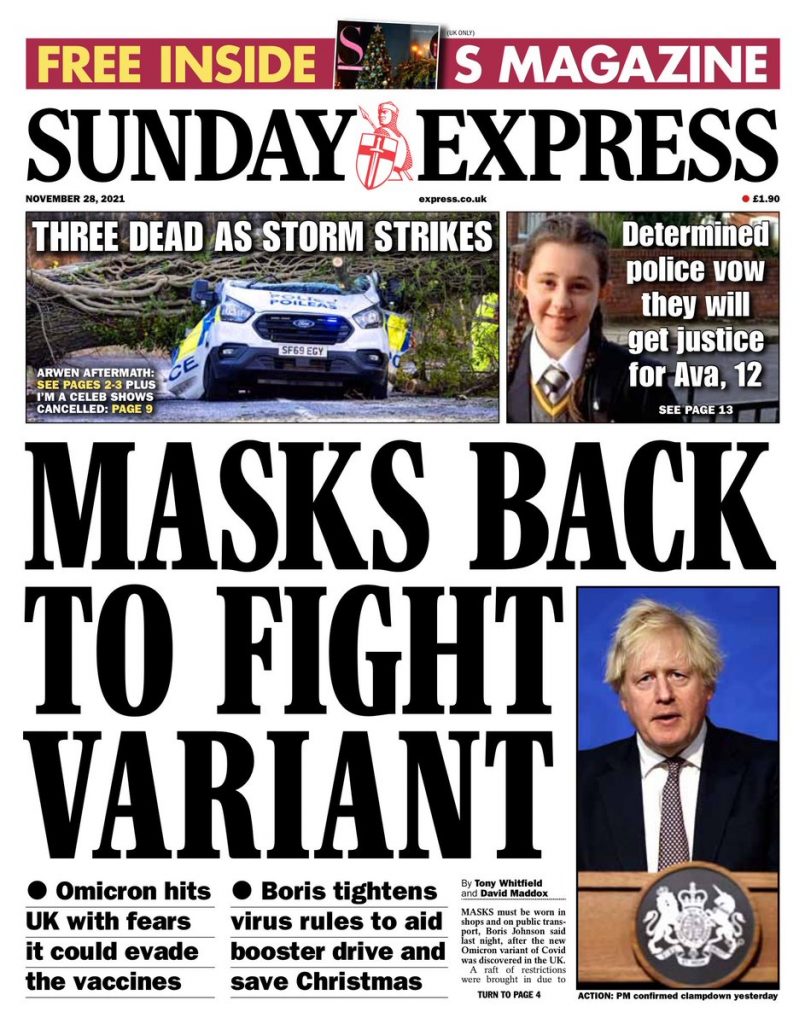 Sunday Express Front Page 28th of November 2021 - Tomorrow's Papers Today!