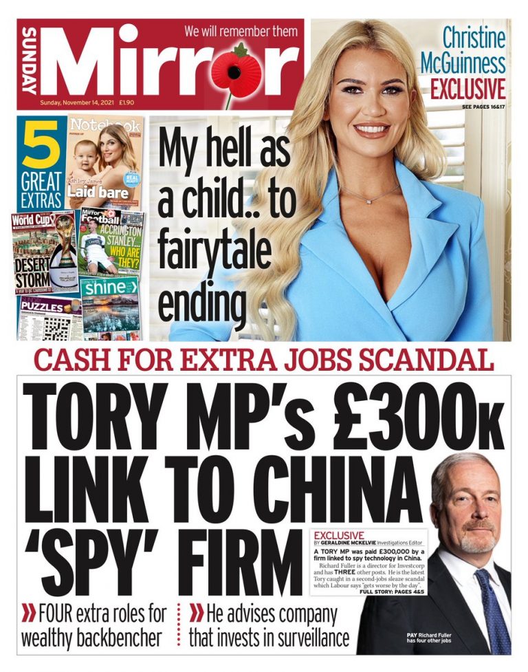 Sunday Mirror Front Page 14th of November 2021 - Tomorrow's Papers Today!