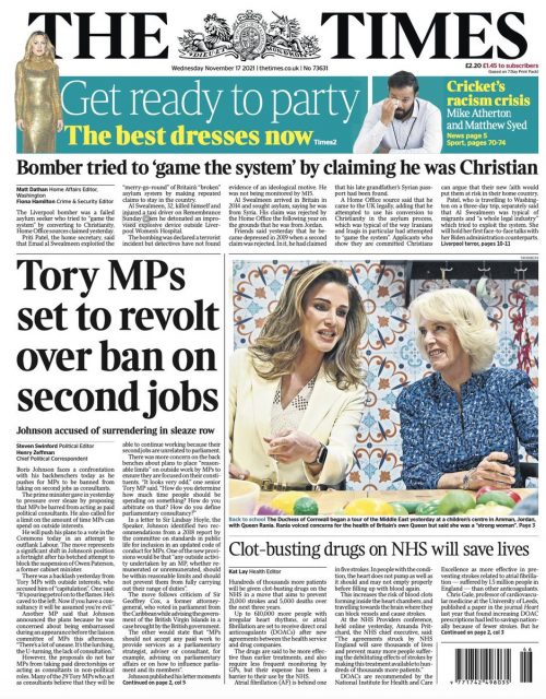Times Front Page 17th of November 2021 - Tomorrow's Papers Today!