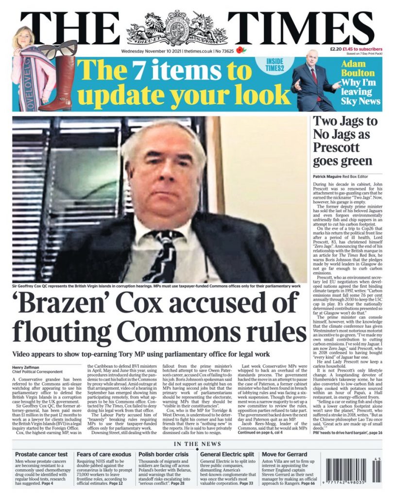 Times Front Page 10th of November 2021 - Tomorrow's Papers Today!
