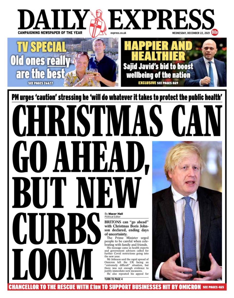Daily Express Front Page 22nd of December 2021 - Tomorrow's Papers Today!