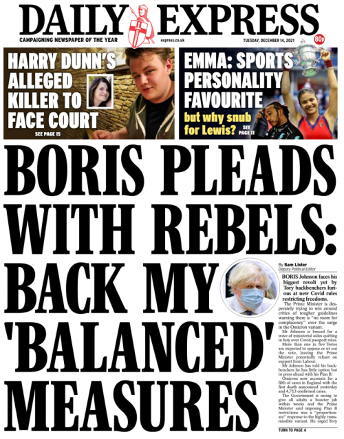 Daily Express Front Page 14th of December 2021 - Tomorrow's Papers Today!