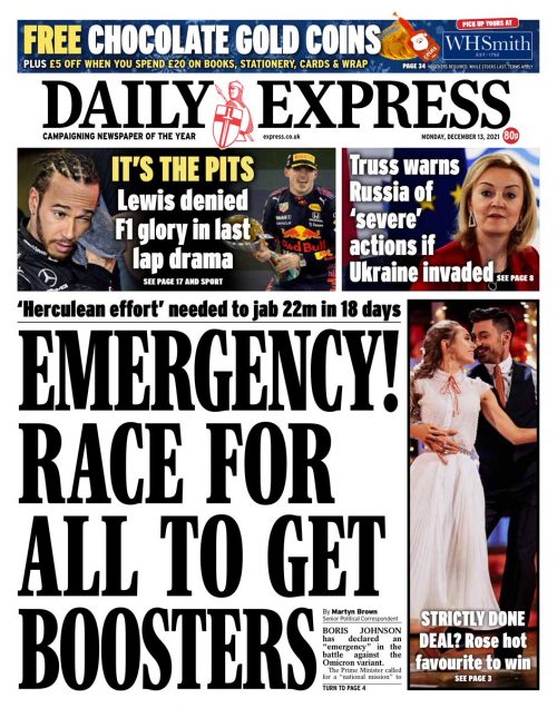 Daily Express Front Page 13th of December 2021 - Tomorrow's Papers Today!