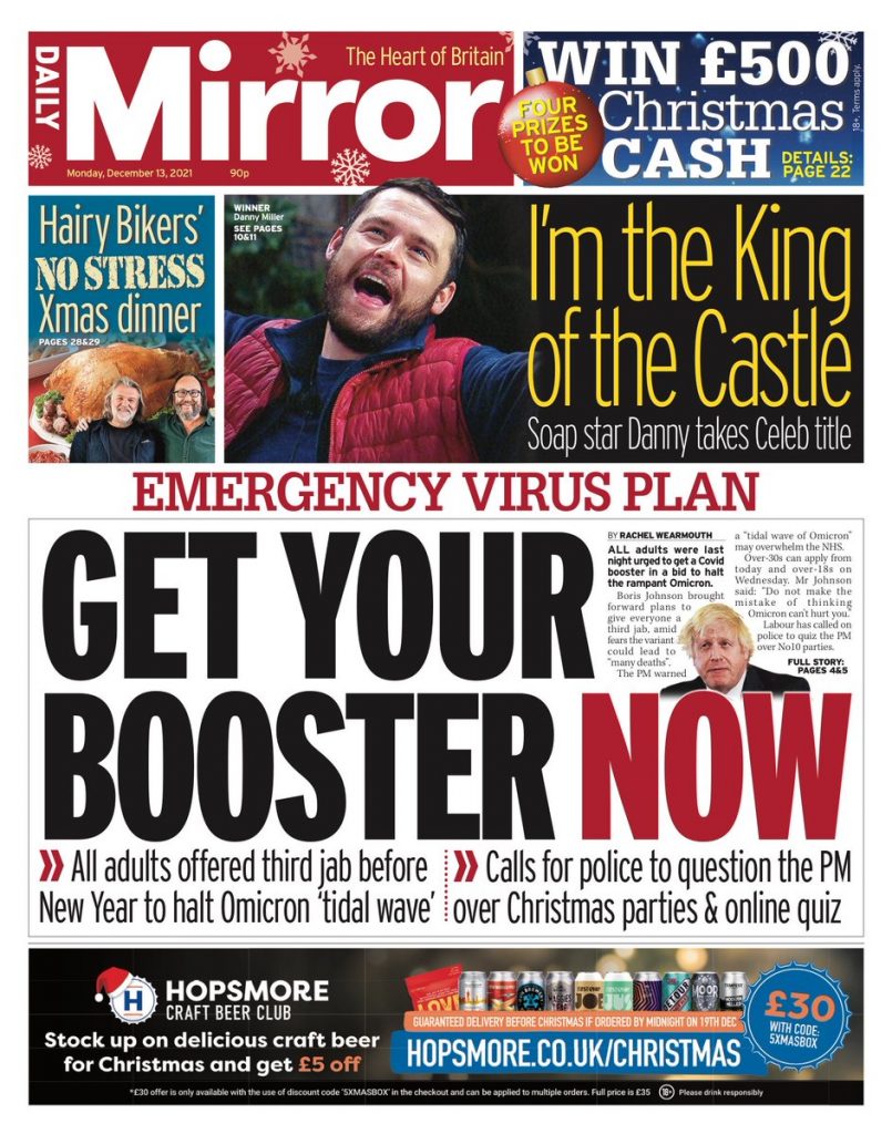 Daily Mirror Front Page 13th of December 2021 - Tomorrow's Papers Today!