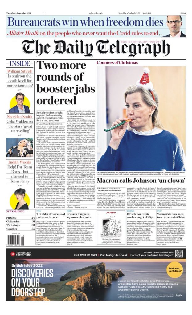Daily Telegraph Front Page 2nd of December 2021 - Tomorrow's Papers Today!
