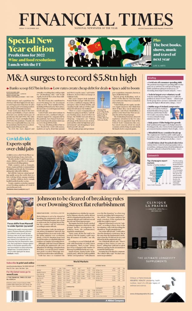 Financial Times Front Page 31st of December 2021 - Tomorrow's Papers Today!