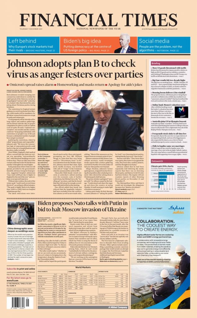 Financial Times Front Page 9th of December 2021 - Tomorrow's Papers Today!