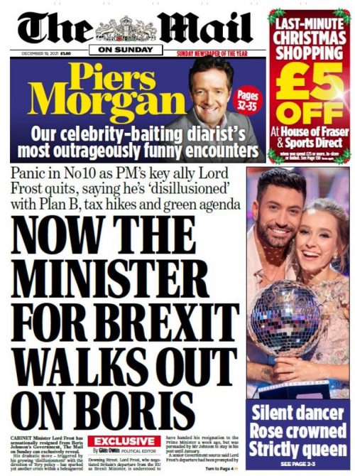 Mail on Sunday Front Page 19th of December 2021 - Tomorrow's Papers Today!