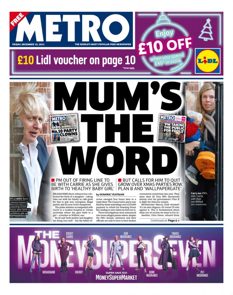 Metro Front Page 10th of December 2021 - Tomorrow's Papers Today!
