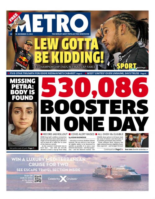 Metro Front Page 13th of December 2021 - Tomorrow's Papers Today!