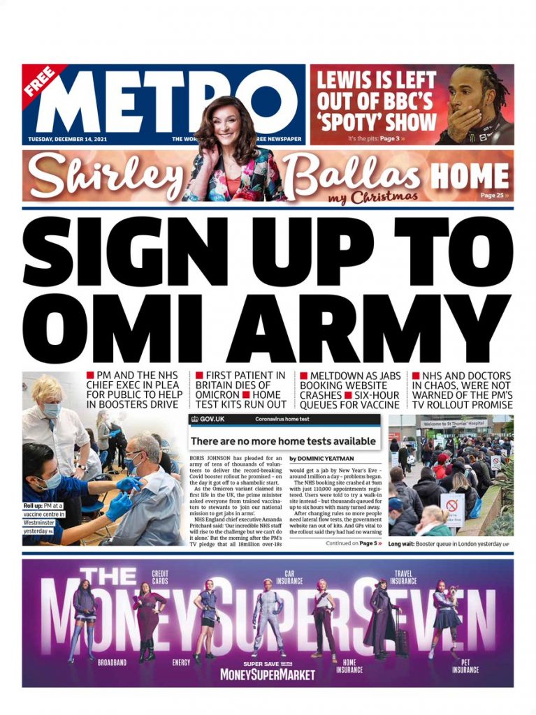 Metro Front Page 14th of December 2021 - Tomorrow's Papers Today!