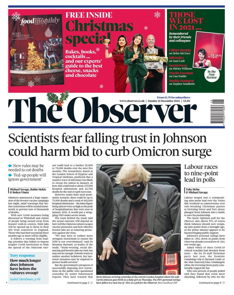 Observer Front Page 12th of December 2021 - Tomorrow's Papers Today!