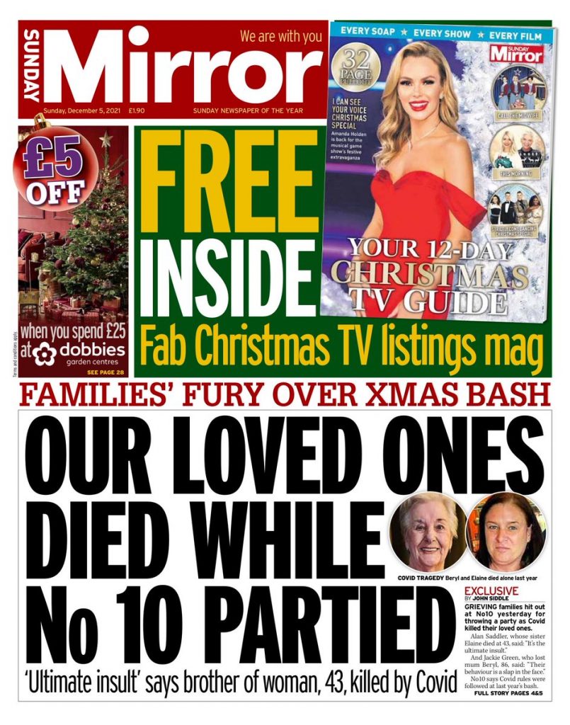 Sunday Mirror Front Page 5th of December 2021 - Tomorrow's Papers Today!