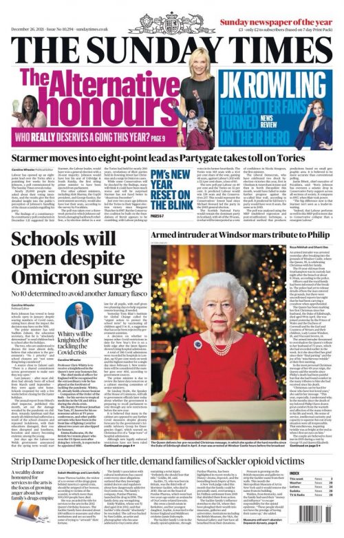 Sunday Times Front Page 26th of December 2021 - Tomorrow's Papers Today!