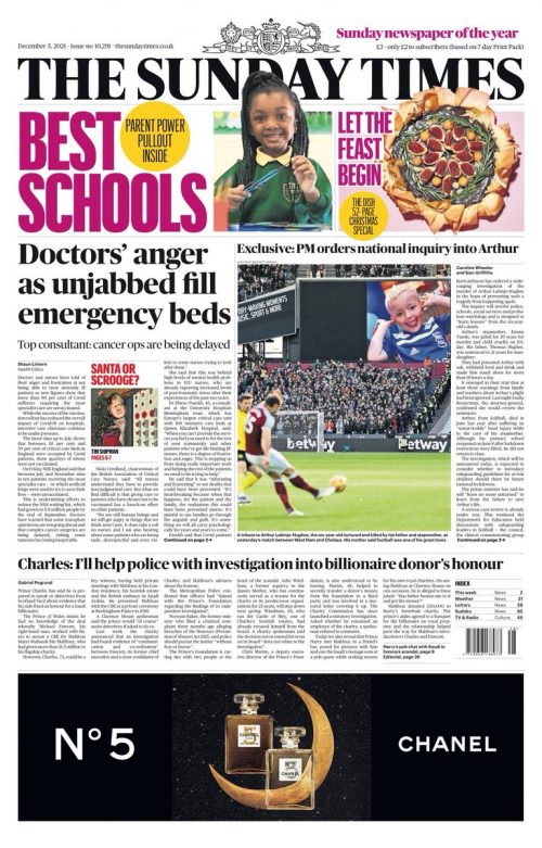 Sunday Times Front Page 5th of December 2021 - Tomorrow's Papers Today!