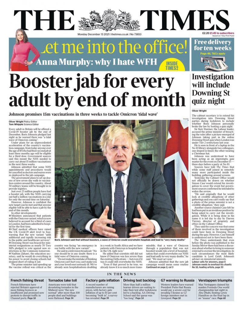 Times Front Page 13th of December 2021 - Tomorrow's Papers Today!