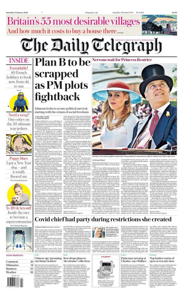 Daily Telegraph Front Page 15th of January 2022 - Tomorrow's Papers Today!