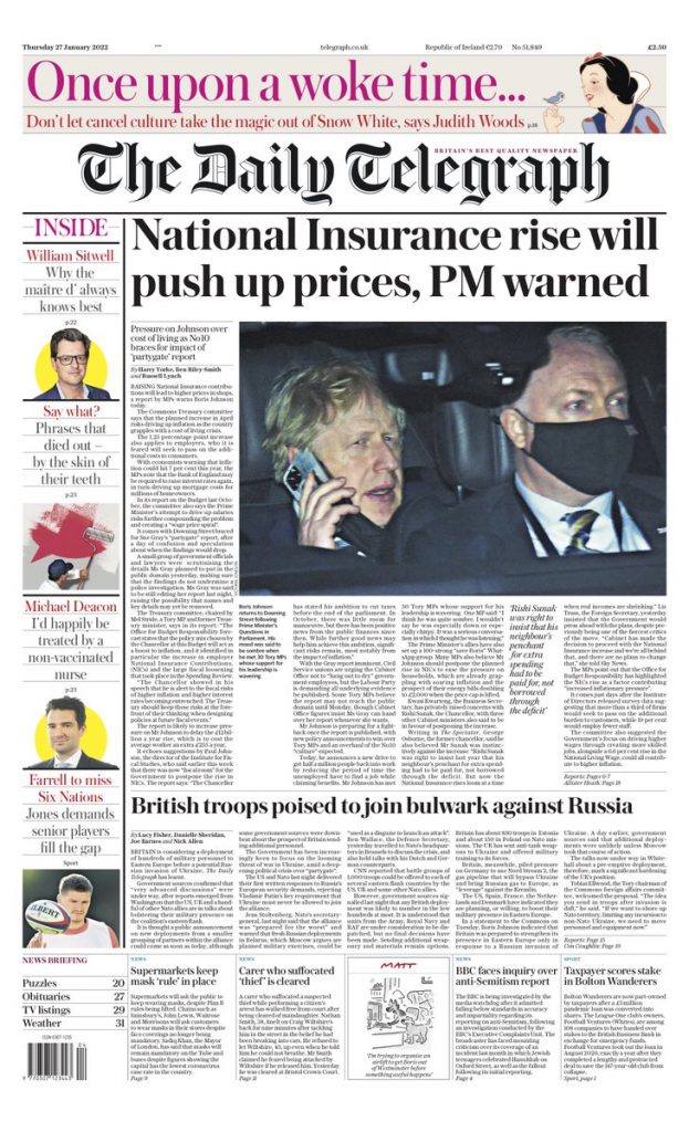 Daily Telegraph Front Page 27th of January 2022 - Tomorrow's Papers Today!