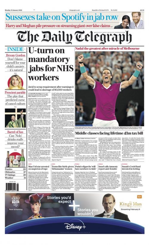 Daily Telegraph Front Page 31st of January 2022 - Tomorrow's Papers Today!