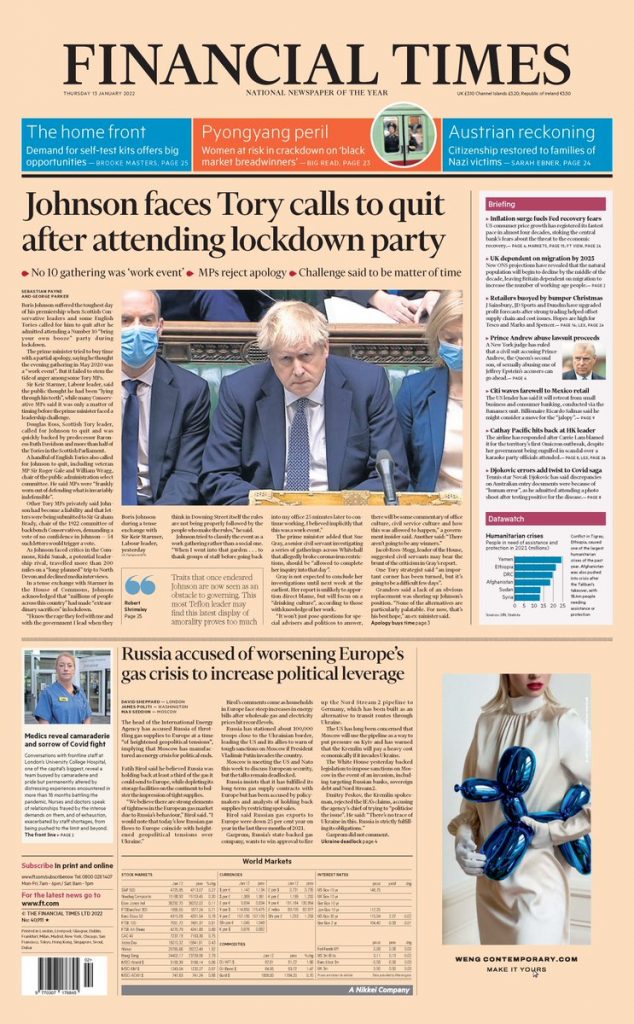 Financial Times Front Page 13th of January 2022 - Tomorrow's Papers Today!