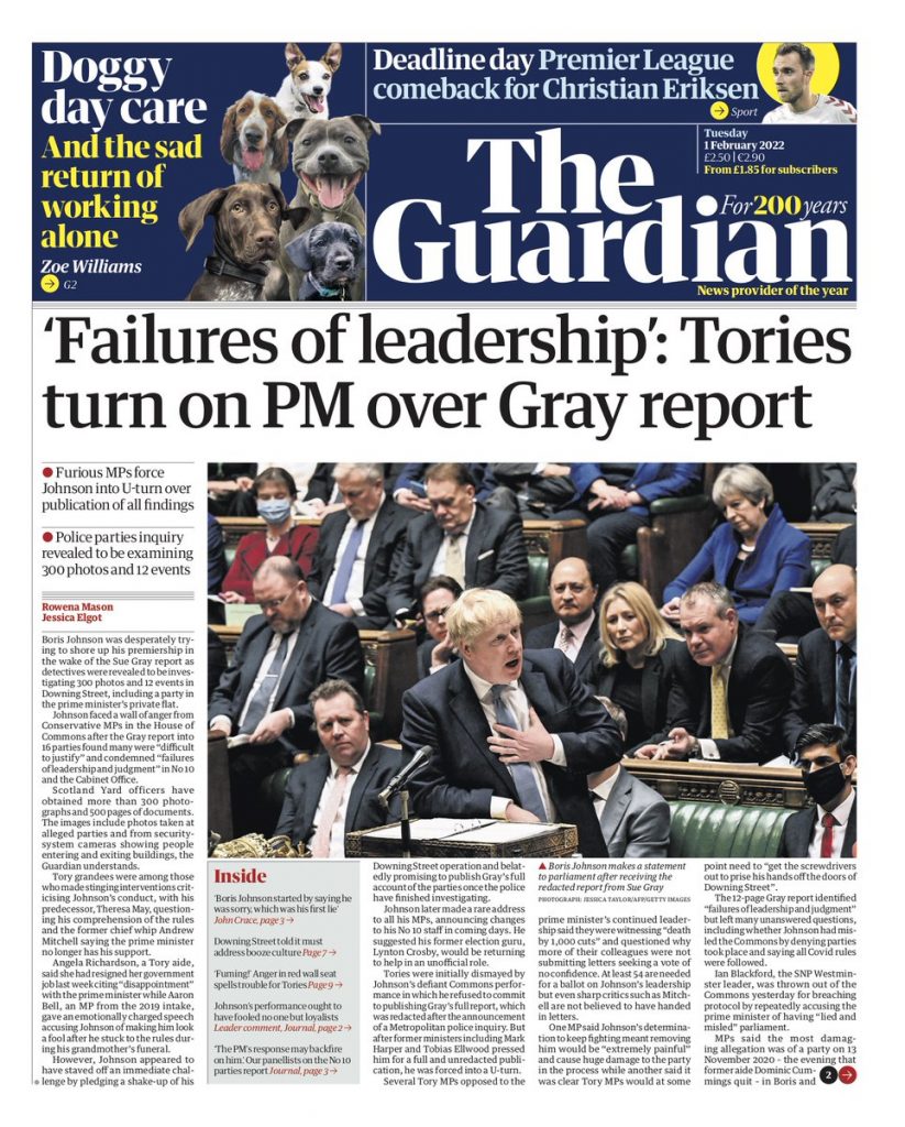 Guardian Front Page 1st of February 2022 - Tomorrow's Papers Today!