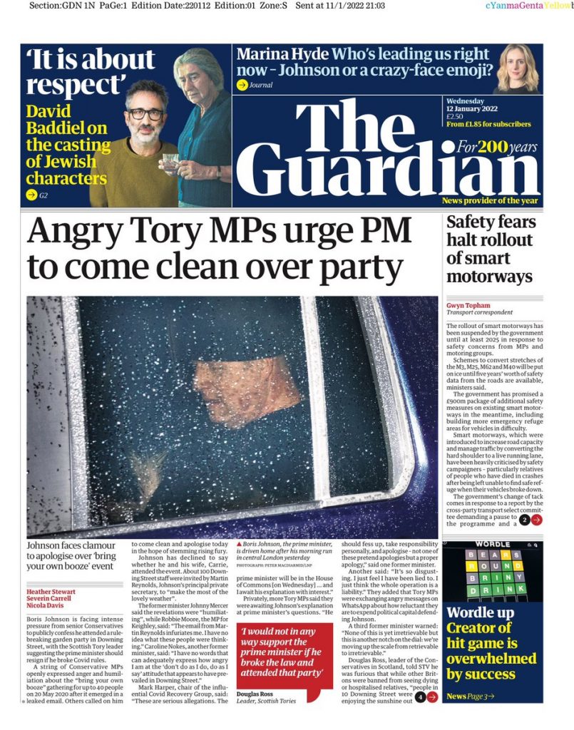 Guardian Front Page 12th of January 2022 - Tomorrow's Papers Today!