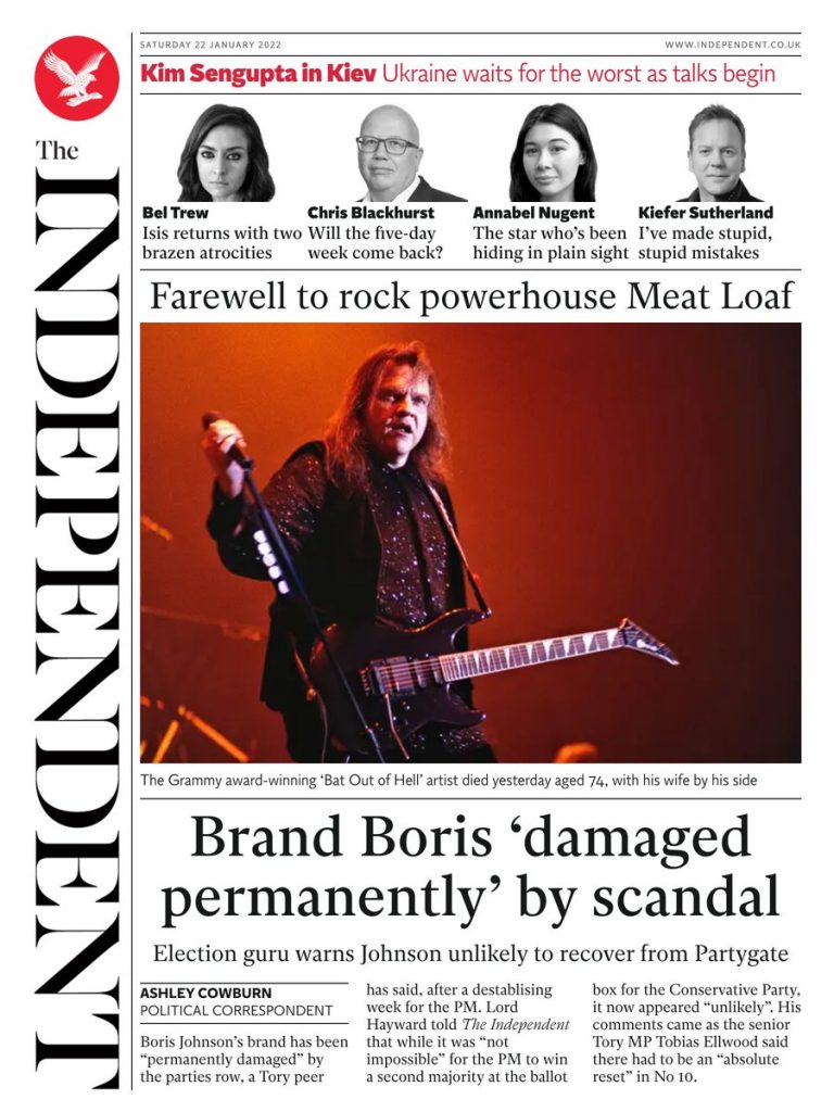 Independent Front Page 22nd of January 2022 - Tomorrow's Papers Today!