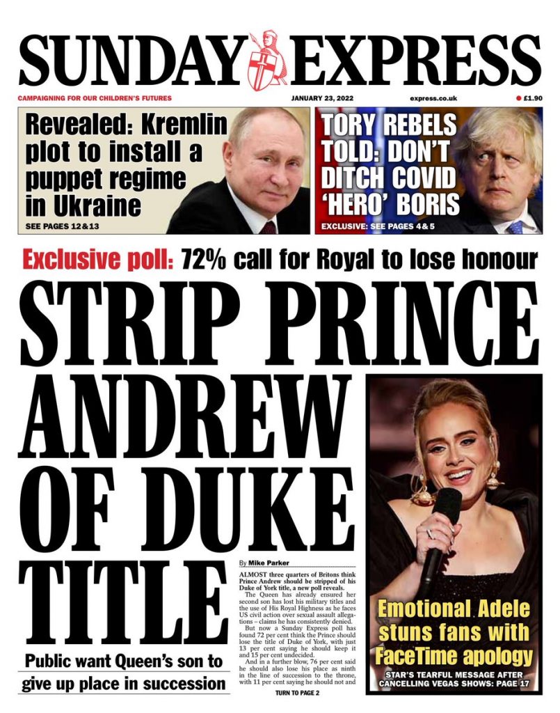 Sunday Express Front Page 23rd of January 2022 - Tomorrow's Papers Today!