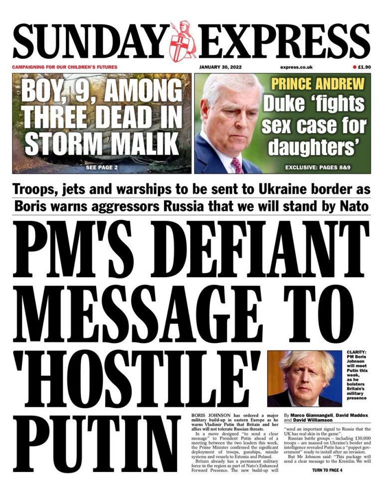 Sunday Express Front Page 30th of January 2022 - Tomorrow's Papers Today!