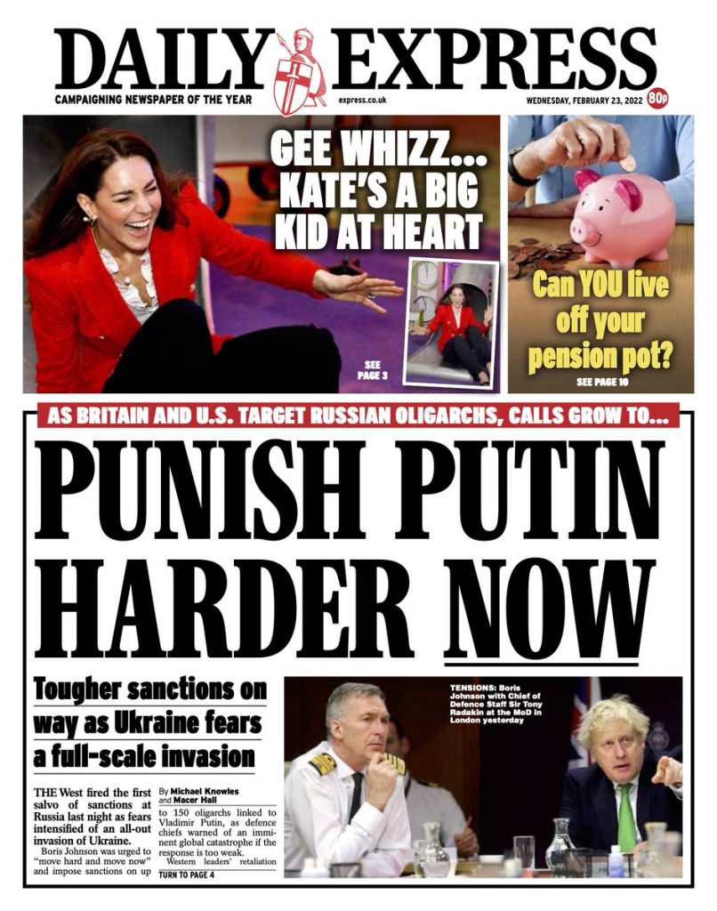 Daily Express Front Page 23rd of February 2022 - Tomorrow's Papers Today!