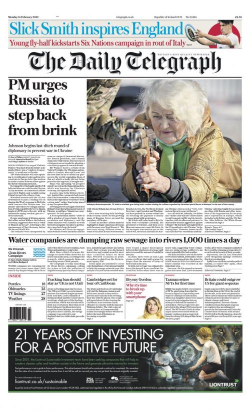 Daily Telegraph Front Page 14th of February 2022 - Tomorrow's Papers Today!