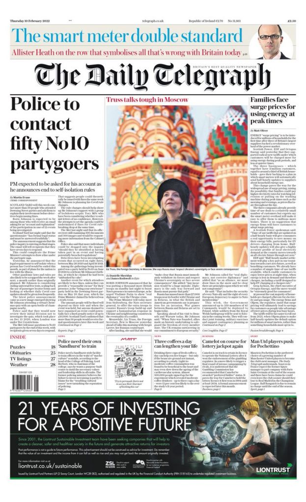 Daily Telegraph Front Page 10th of February 2022 - Tomorrow's Papers Today!