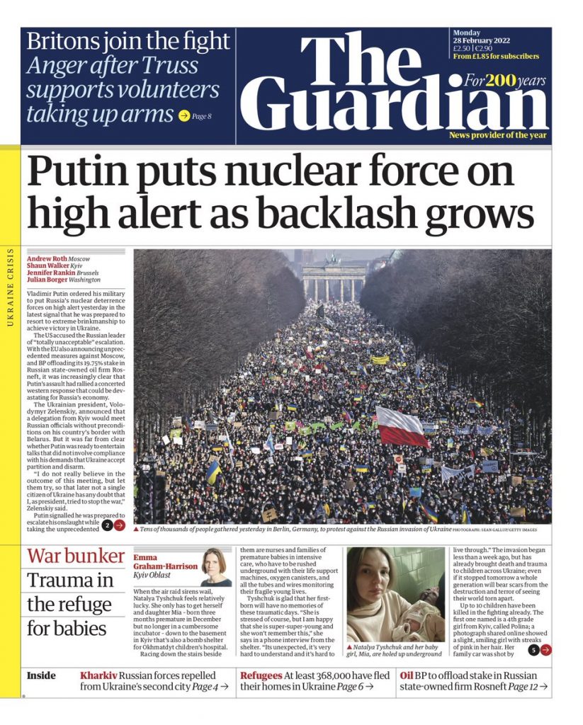 Guardian Front Page 28th of February 2022 - Tomorrow's Papers Today!