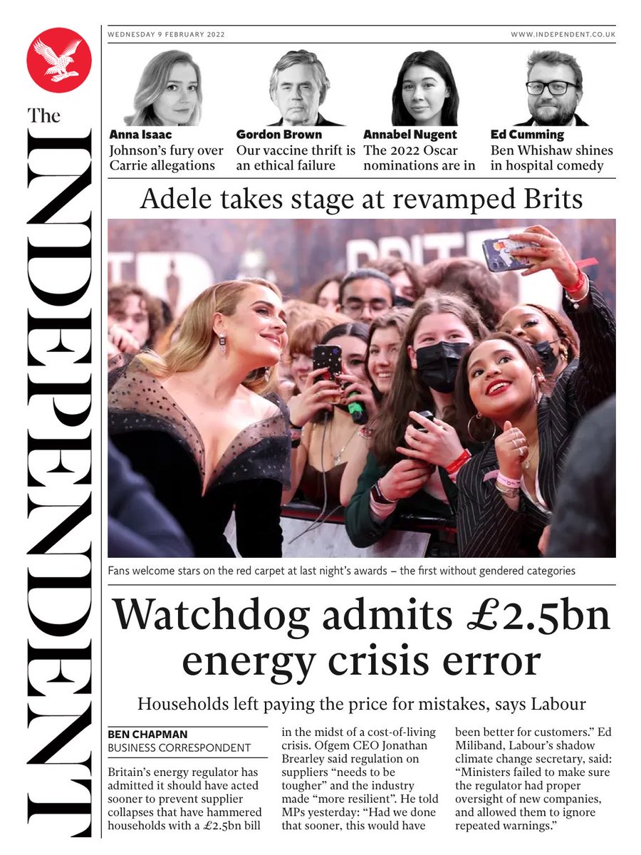 Independent Front Page 9th of February 2022 - Tomorrow's Papers Today!