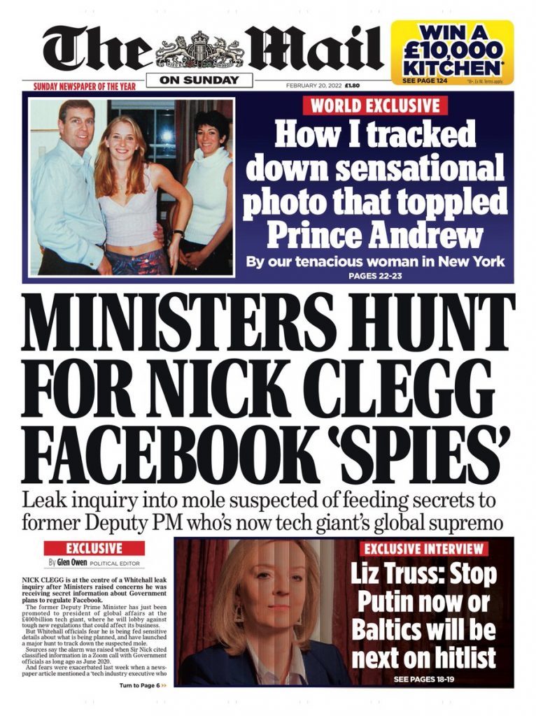 Mail on Sunday Front Page 20th of February 2022 - Tomorrow's Papers Today!