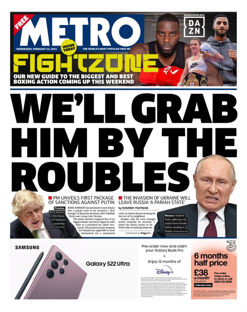Metro Front Page 23rd of February 2022 - Tomorrow's Papers Today!