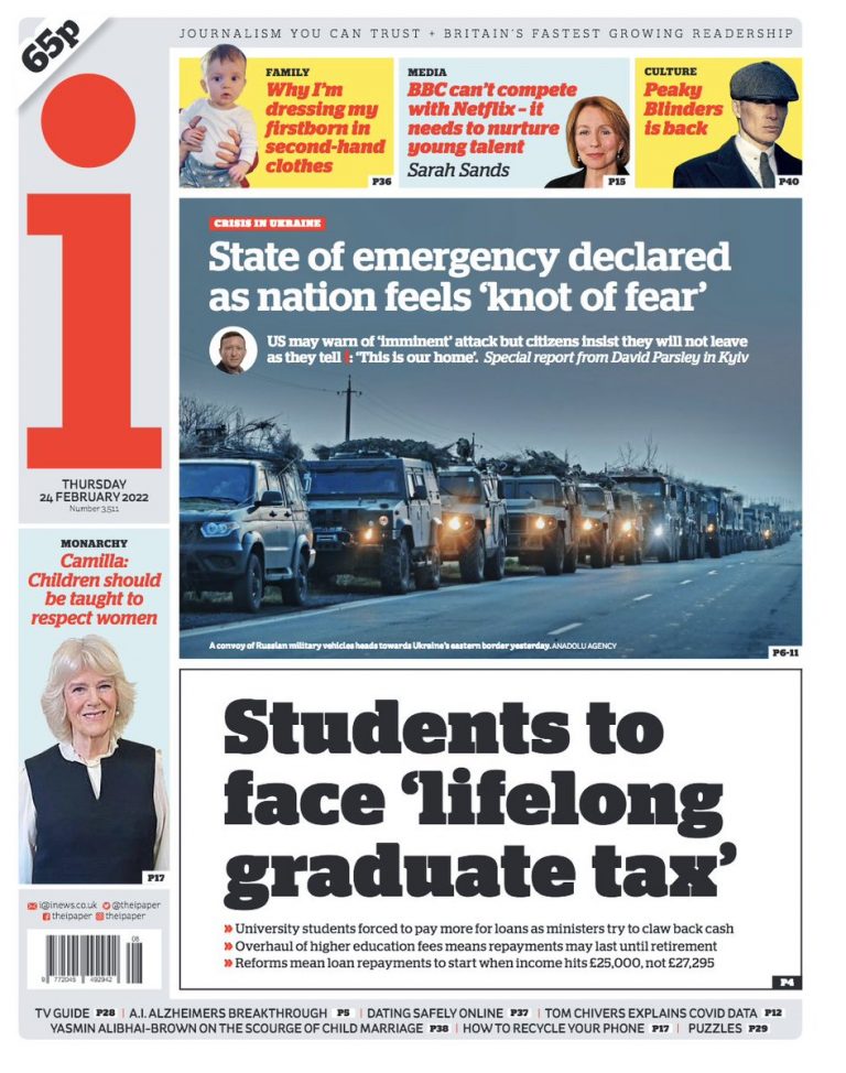 i Front Page 24th of February 2022 - Tomorrow's Papers Today!