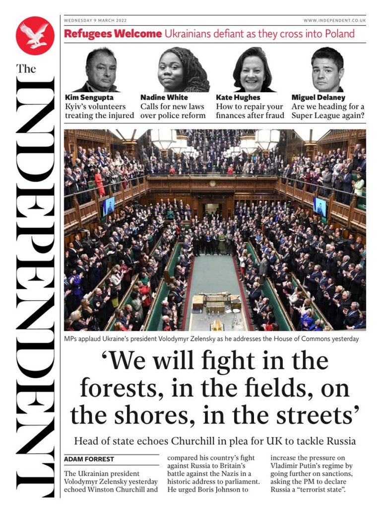 Independent Front Page 9th of March 2022 - Tomorrow's Papers Today!